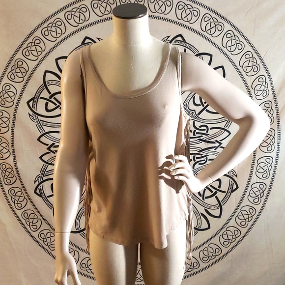 Poof! | Tops | Tan Medium Womens Tank Top With Fringe On Both Sides Of ...